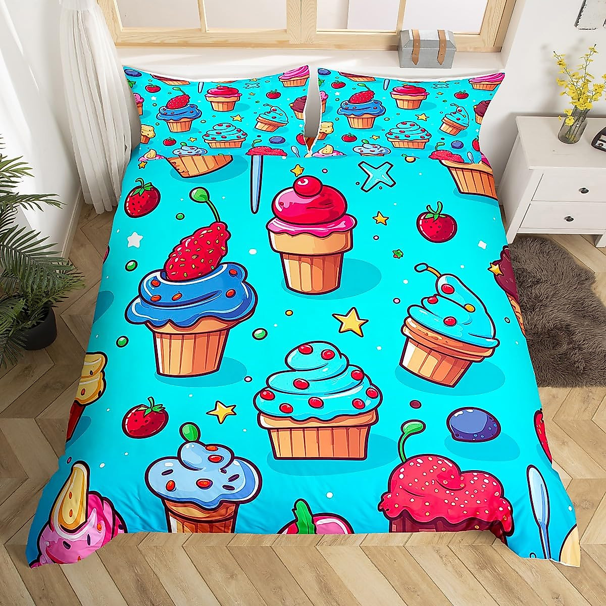 Feelyou Kids Cake Duvet Cover Strawberry Fruit Cake Bedding Set for Boys Girls Food Modern Art Comforter Cover Twin Size Bedspread Cover
