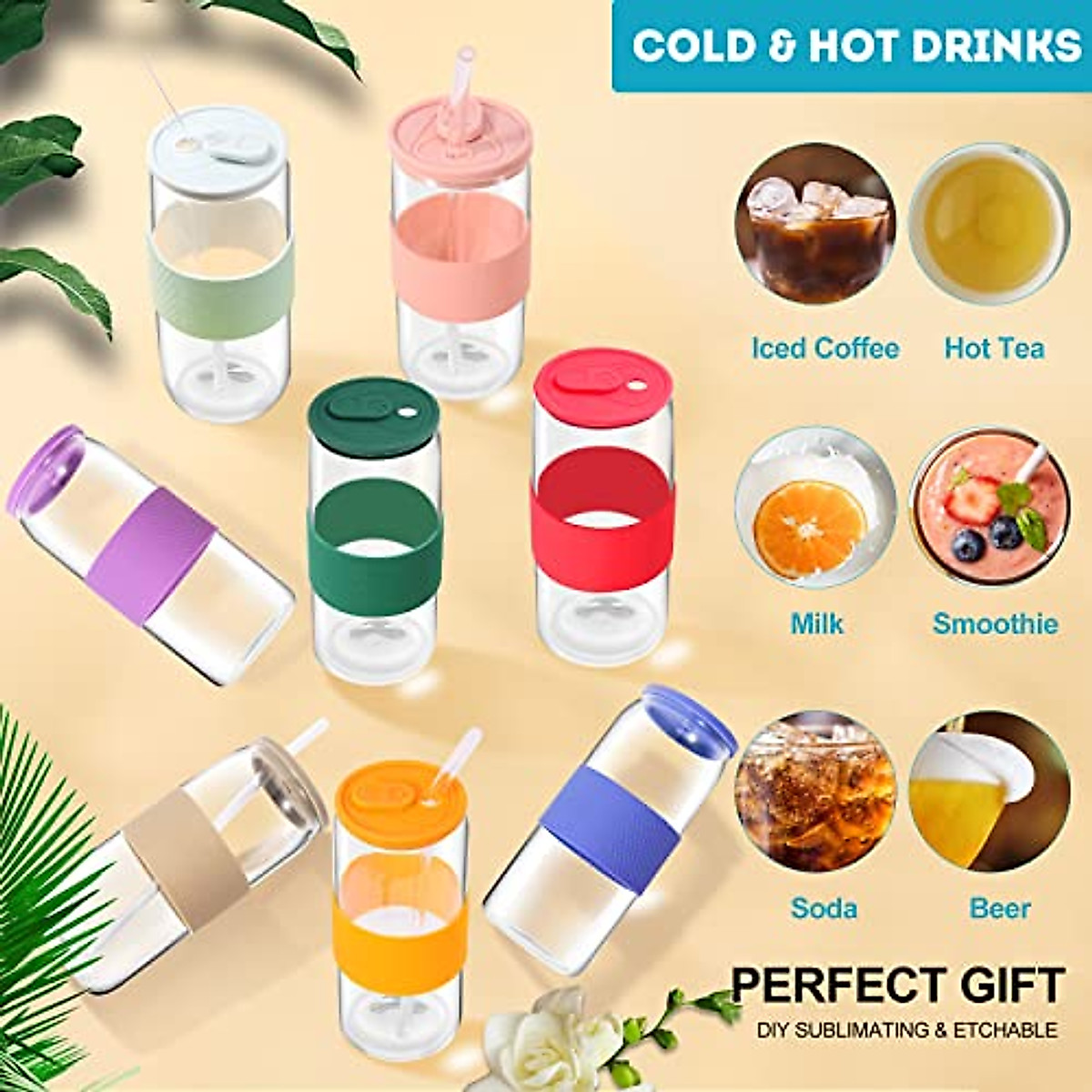 Vozoka 20oz Beer Can-Shaped Cup with Silicone Lids and Sleeve, Iced Coffee Cup Reusable, Glass Tumbler, Drinking Glass, Smoothie Cups, Tea Cup (Sky Blue)