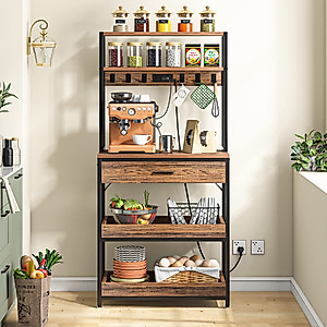 Tribesigns Kitchen Bakers Rack with Power Outlets, 5-Tier Microwave Oven Stand with Drawer and Sliding Shelves, Freestanding Coffee Bar, Kitchen Storage Shelf with 6 Hooks, Rustic Brown