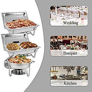 Restlrious Chafing Dish Buffet Set 6 Pks, Stainless Steel 5QT Round & 8QT Rectangle Foldable Chafers & Buffet Warmers Set, w/Full & Half Size Food Pan, Water Pan, Fuel Holder & Lid for Catering Event