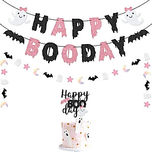 Pink Black Happy Boo Day Banner Happy Boo Day Cake Topper for Pink and Black Girl Halloween Birthday Party Decorations