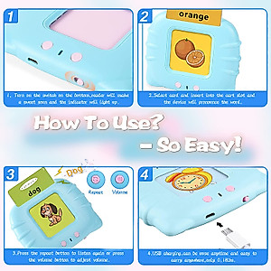 Educational Toddler Toy Flashcards Device,WONFAST 112PCS Double-Sided Illustrations Words Audible Preschool Learning Flash Cards Reader for Kids Boys Girls Birthday Christmas Children Gifts (Blue-1)