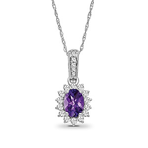 ARAIYA FINE JEWELRY 925 Sterling Silver Round-shape Diamond and Oval Amethyst Halo Pendant Necklace (1/3 cttw, I-J Color, I2-I3 Clarity), 18"