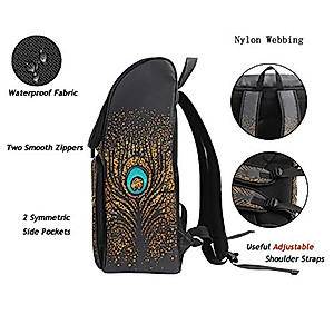 Naanle Stylish Beautiful Peacock Feather Gold Sparkling Pattern Casual Daypack College Students Multipurpose Backpack Large Travel Hiking Bags Computer Bag for Men Women