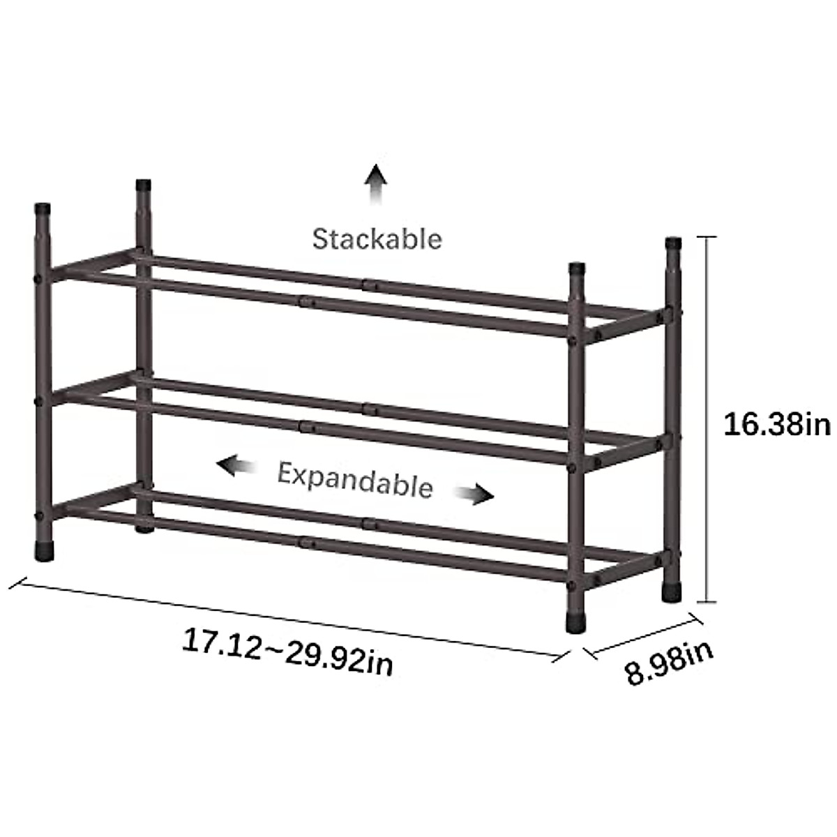TZAMLI 3-Tier Stackable Closet Shoe Rack Organizer, Expandable and Adjustable Metal Shoes Shelf Storage Small Shoe Rack for Entryway Dorm, Brown
