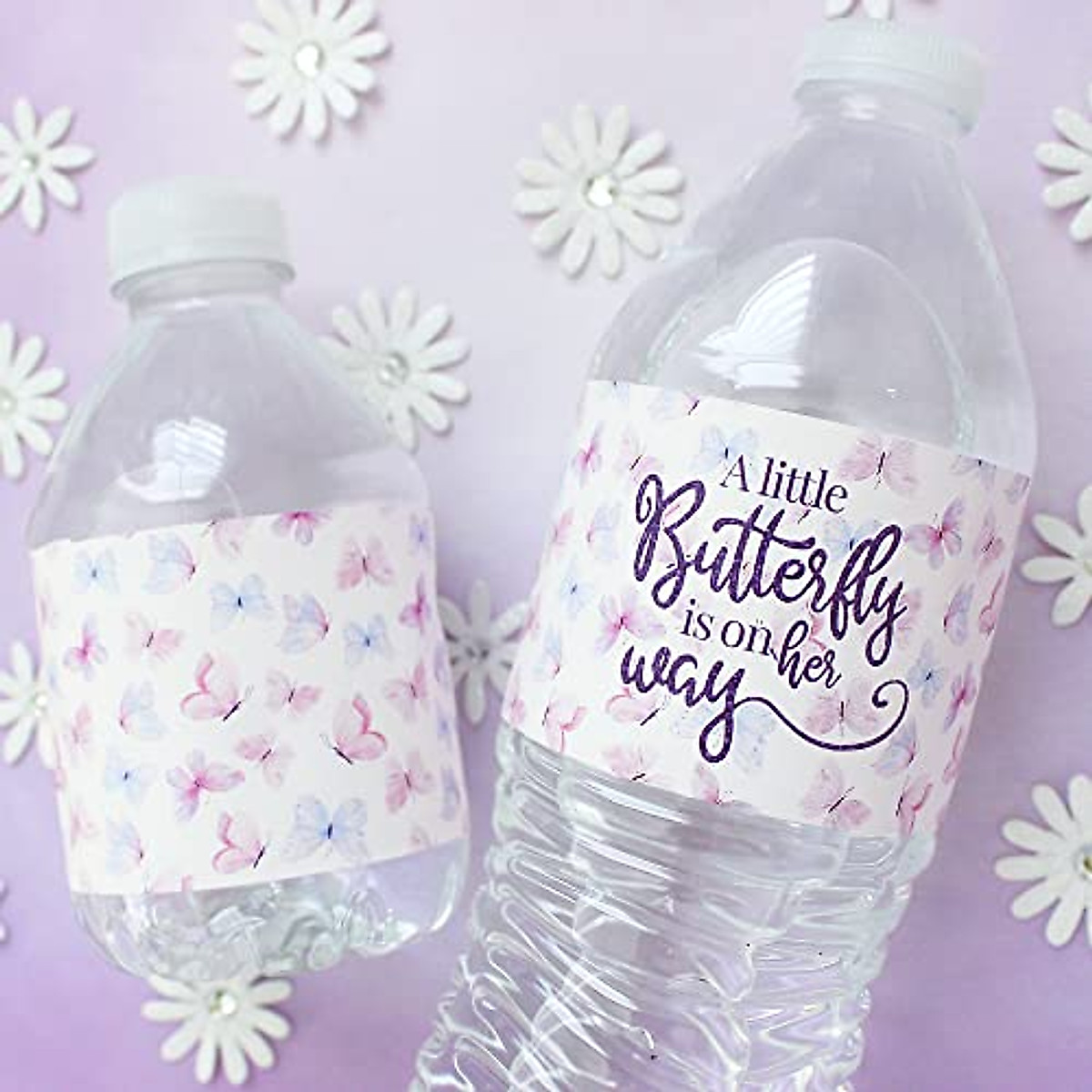 Butterfly Girl Baby Shower Water Bottle Labels - A Little Butterfly is on Her Way - It's a Girl Pink and Purple Waterproof Wrappers - 24 Count