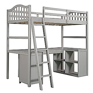 MegaChunk Twin Size Loft Bed with Drawers, Cabinet, Shelves and Desk, Wooden Loft Bed with Desk - Gray