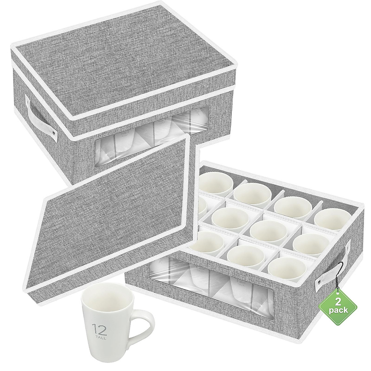 homyfort 2 Pack Cup and Coffee Mug Storage Box Organizer with Dividers, China Storage Containers Hard Shell with 24 Compartments for Mugs Moving and Protection (Grey)