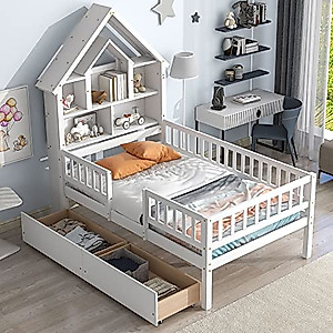 OPTOUGH Twin Size House-Shaped Storage Headboard Bed,Wooden Bedframe with Full Length Fence Guardrails and Drawers for Kids Teens,No Spring Box Needed,White