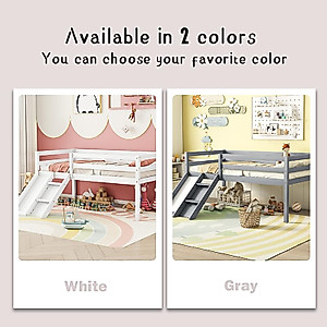 Low Loft Bed with Slide, Twin Size Kids Loft Bed Frame with Climbing Ladder and Safety Guard Rail, Wood Junior Loft Bed for Girls, Boys, Kids, Matte Gray.