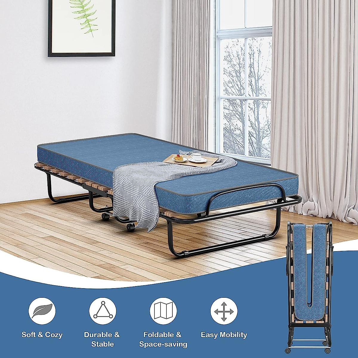 HAPPYGRILL Fold Away Bed, Fold Up Bed with Comfortable Memory Foam Mattress, 4 Universal Wheels, Sturdy Steel Frame,Potable Fold Up Bed for Home & Office, Folding Bed