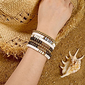 7PCS Surfer Colorful Clay Beads Stretch Bracelets Bohemian Stackable Gold Beads Vinyl Disc Elastic Bracelets Multilayer Summer Beach Jewelry Set-Black
