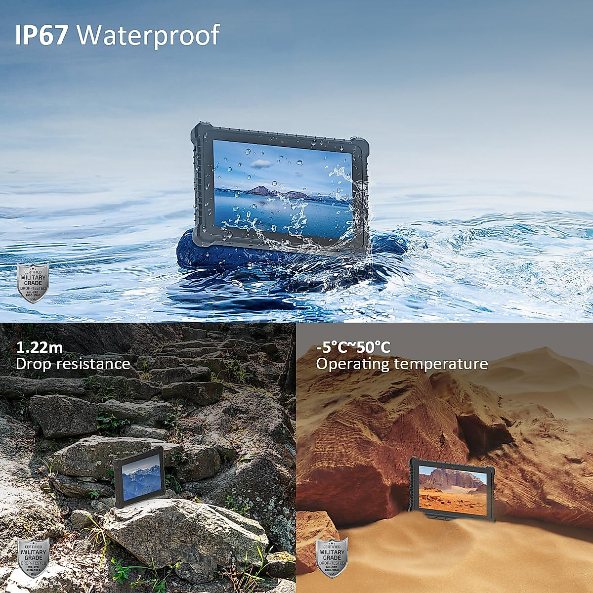 SunKol 10.1" IP67 Rugged Tablet (N5100 8GB+256GB) Windows 11 Pro Waterproof Industrial Tablet PC, Fingerprint, 12000mAh Battery, 500nit, GPS, WiFi, 4G, BT4.2, for Outdoor Field Work