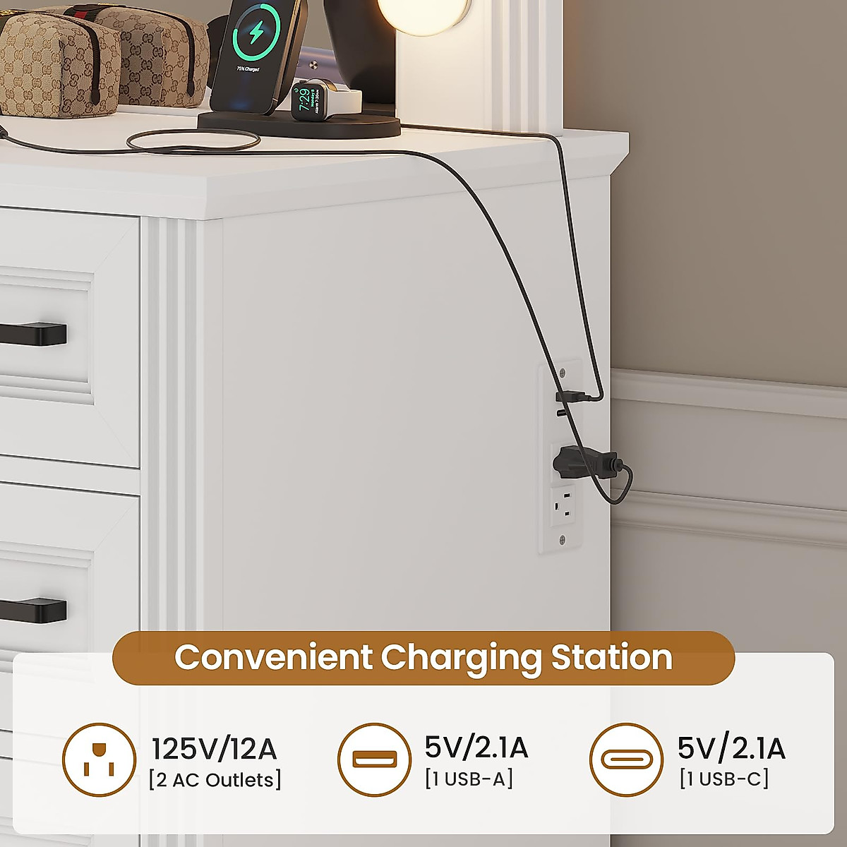 BTHFST Large Vanity Desk with Oversized Mirror & Hollywood Lights, Makeup Vanity with Charging Station, Modern Makeup Desk with 4 Drawers & 2 Storage Cabinets, White