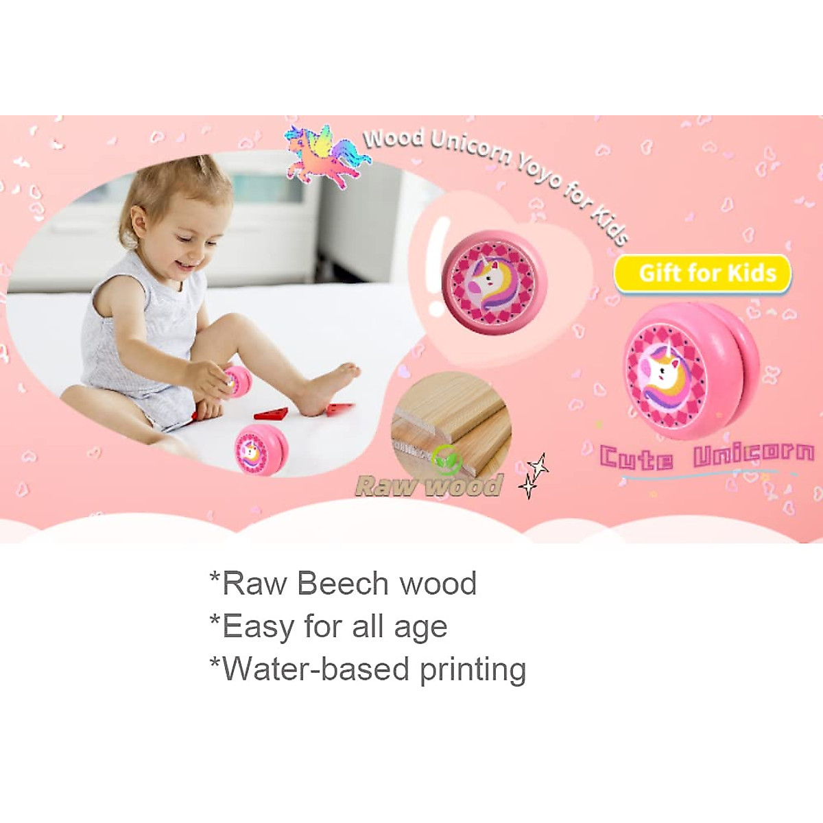 Chic U Wooden Looping Yoyo for Kids Beginners Auto Return Yoyos, No Tricks Needed, Eco Wood Unbreakable Toy Gift, Pink