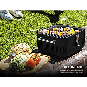 Everdure CUBE Portable Charcoal Grill, Tabletop BBQ, Perfect Tailgate, Beach, Patio, or Camping Grill, Lightweight & Compact Small Grill with Preparation Board & Food Storage Tray, Matte Black