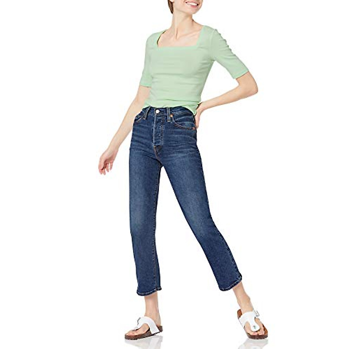 Amazon Essentials Women's Slim-Fit Half Sleeve Square Neck T-Shirt, Green, Medium