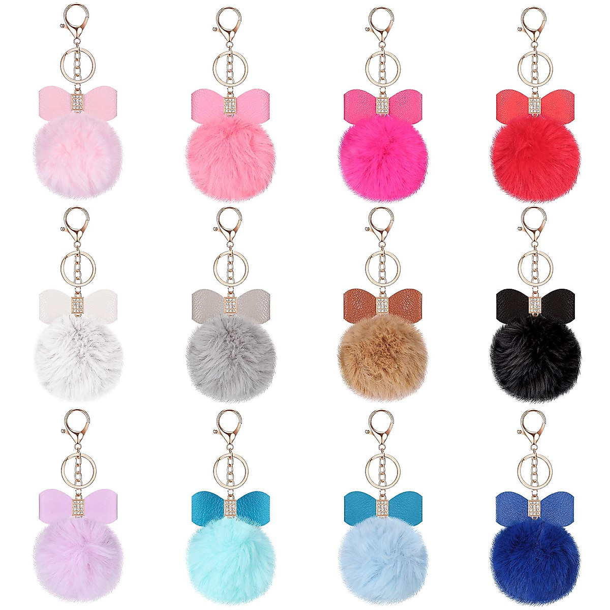 Hicarer 12 Pieces Fluffy Pom Pom Keychain Bulk Bow Rhinestone Faux Pompoms Keyring for Women Bags Craft, 12 Colors(Pastel Colors)
