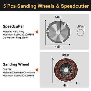 LAMPTOP 16 Pcs Wood Carving Grinder Tools Set, Including 5 Pcs Angle Grinder Wood Carving Disc, 5 Pcs Sanding Wheels, Speedcutter for Woodworking, and 5 Pcs Stainless Steel Disc Fitting Ring