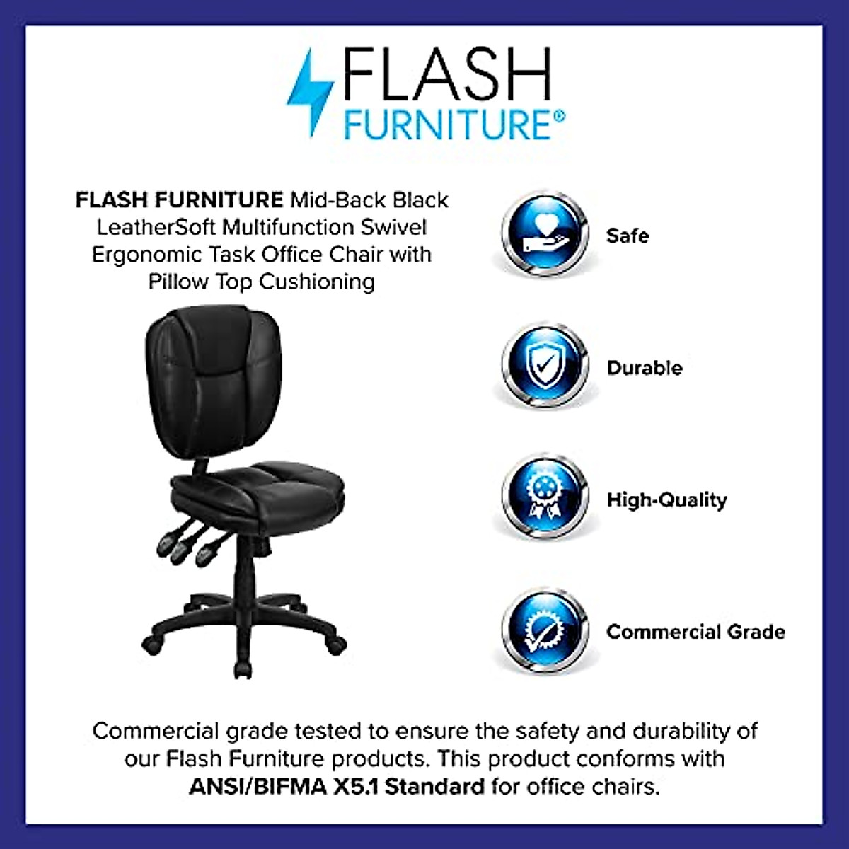 Flash Furniture Caroline Mid-Back Black LeatherSoft Multifunction Swivel Ergonomic Task Office Chair with Pillow Top Cushioning