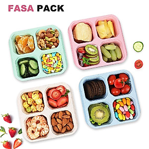 Waritili 4 Pack Snack Containers - Stackable Bento Boxes with 4 Compartments, Reusable Divided Food Containers for Party, Work, Travel, BPA FREE