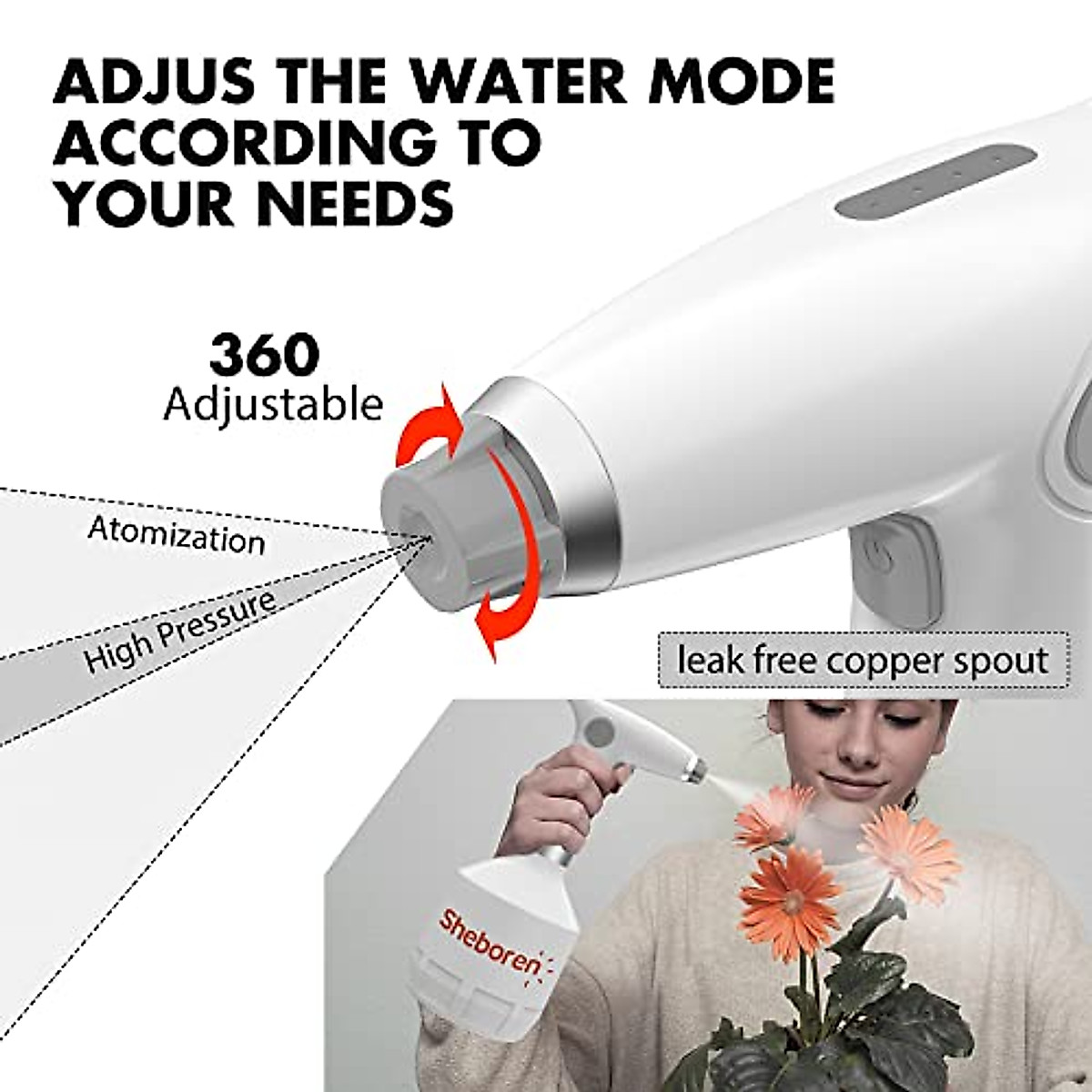 1L Electric Spray Bottle Sheboren Electric Plant Mister Battery Sprayers in Lawn and Garden Fertilizing Automatic Plant Mister Spray Bottle with Adjustable Spout for Plants, Household Cleaning (White)