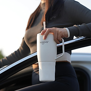 WOOVO 30 oz Tumbler with Handle and Straw - Insulated Double Wall Stainless Steel Water Bottle with SIlicone Boot - BPA Free Water Tumbler with Lid - Dishwasher Safe Cups Stay Hot Cold - Grey