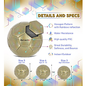 Barocity Classic Gold Size 4 Soccer Ball - Premium Outdoor and Indoor Soccer Ball with Reflective Iridescent Rainbow Hex Pattern, Perfect Boys and Girls Soccer Ball for Playtime, Practice and Training