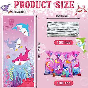 Hotop 100 Pcs Cute Baby Pink Shark Cellophane Bags Pink Shark Gift Treat Bags Plastic Goodie Candy Bags with 150 Ties Shark about 27.5 X 12.5 cm