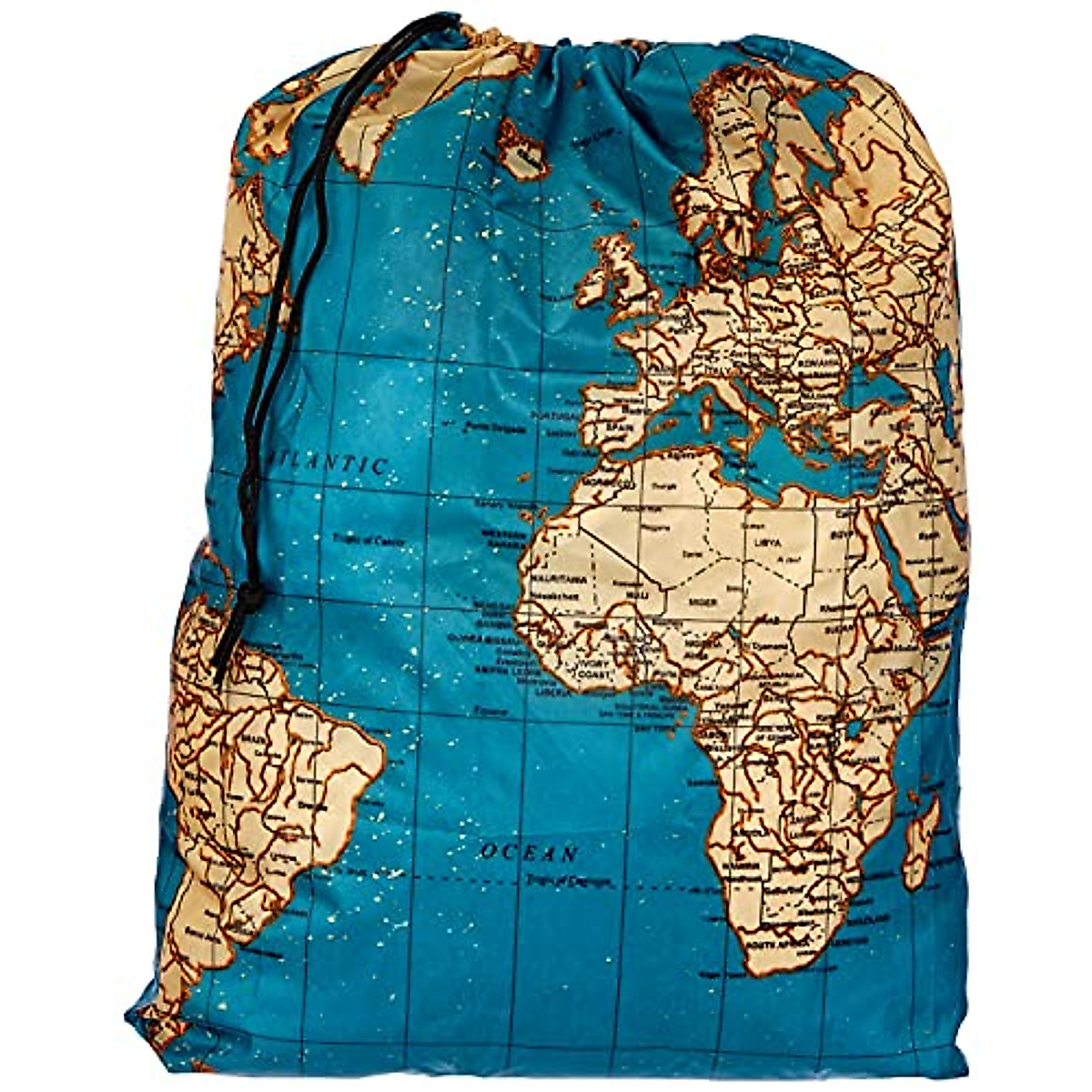 Kikkerland Travel-Size Laundry Bag, World Map Design Heavy Duty Laundry Bag, Polyester, Built-in Pouch, Inner Loop and Carabineer, Multicolor