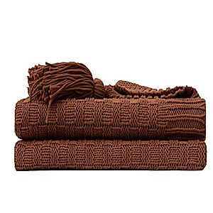 HT&PJ Knit Throw Blanket Cotton Throw Blanket with Tassels Super Soft Warm Cozy Solid Decorative Blanket for Bed, Sofa, Couch, Living Room All Seasons-Caramel, 50"×70"