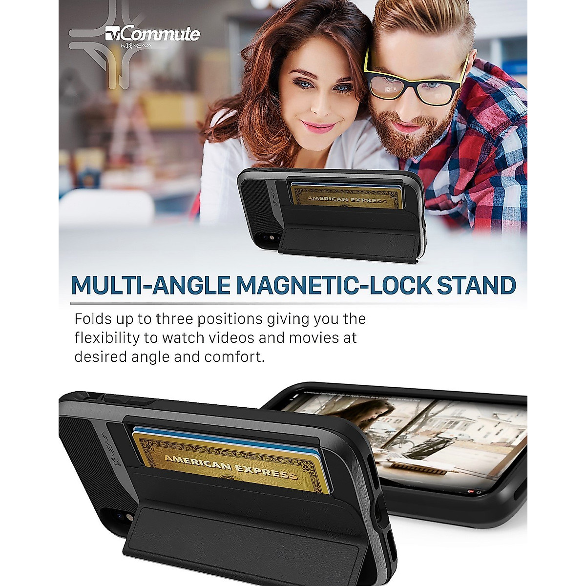 VENA iPhone Xs/X Wallet Case, [vCommute][Military Grade Drop Protection] Flip Leather Cover Card Slot Holder with Kickstand Compatible with Apple iPhone Xs 2018 / X 2017 5.8" (Space Gray/Black)