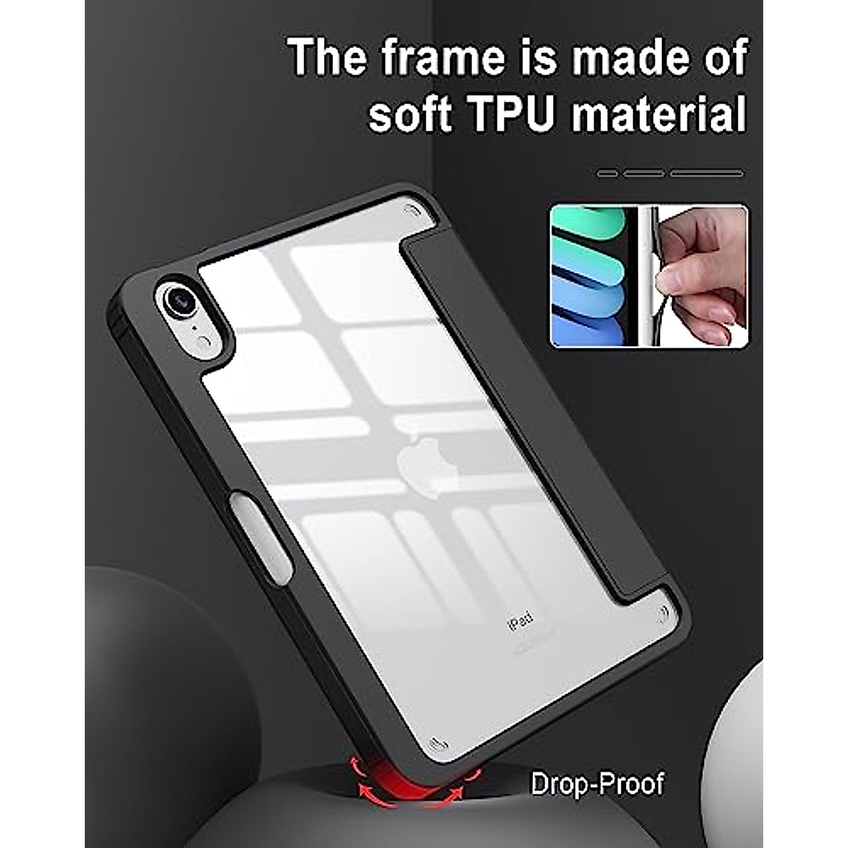 ZtotopCases iPad Mini 6 Case (8.3 Inch) 2021 with Pencil Holder, Transparent Clear Back Shell, Slim Lightweight TPU Trifold Stand Cover Auto Sleep/Wake for iPad Mini 6th Generation 8.3'', Black