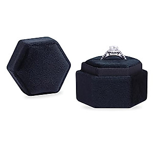 BLUTETE Hexagon Velvet Jewelry Single Slot Ring Box Engagement Wedding Box Keepsake Box Bridal Photo Ring (Black)