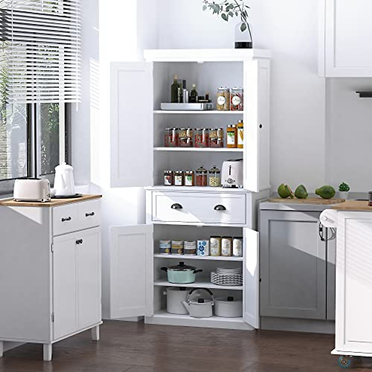 HOMCOM 72" Traditional Freestanding Kitchen Pantry Cupboard with 2 Cabinet, Drawer and Adjustable Shelves, White