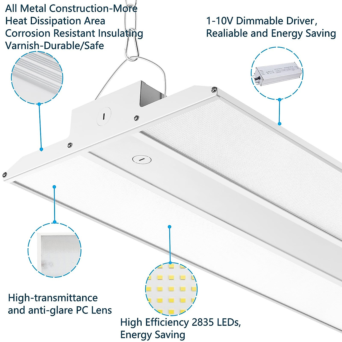 160W LED Linear High Bay Light Fixture, 1-10V Dimmimg LED Linear Highbay Shop Lights, 5000K Daylight 22400LM(140LM/W) 100-277V for Garage, Factory, Workshop,Warehouse