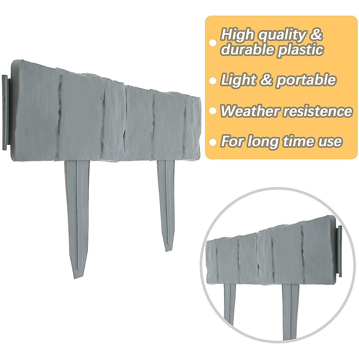 Yaegoo Garden Border Edging, 20 Pcs Stones Effect Fence Decorative Flower Bed Edging for Garden, Lawn and Landscape Edging, Interlocking Outdoor Lawn Stakes (Gray)