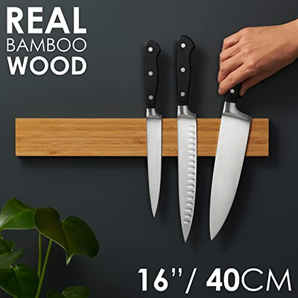 LARHN Magnetic Knife Holder for Wall with Extra Strong Magnet - 16 Inch - Knife Magnetic Strip in Bamboo for Knives, Utensils and Tools