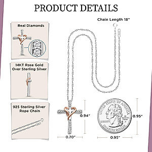 Jewelili Cross Heart Necklace Pendant in Rose Gold Over Sterling Silver with 1/10 CTTW Natural White Round Diamonds and 18 inch Rope Chain