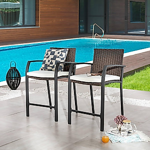 PatioFestival Counter Height Patio Bar Stools Set of 4 Wicker Outdoor Chairs Sets with Cushion Metal Arm Leg Footrests All Weather Frame (Brown)