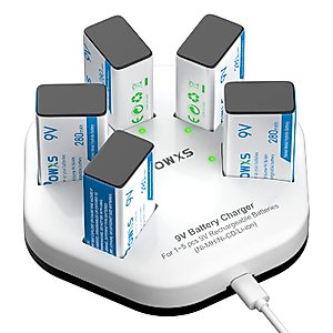 POWXS 9V Rechargeable Battereis Charger and 5 Pack 280mAh 9 Volt Ni-MH Rechargeable Batteries for Smoke Alarms, Guitar, Cameras, Toys & More