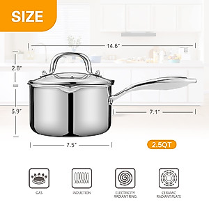 Stainless Steel Saucepan with Tempered Glass Lid, 2.5 Quart Multipurpose Cooking Pot, Sauce Pot for Easy Pour with Ergonomic Handle
