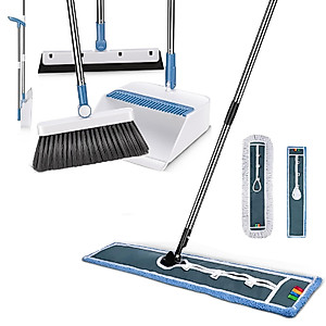 Masthome 42" Large Industrial Mop with 2 Reusable Mop Pads,Commercial Microfiber Mop & Long Handle Lightweight 180 Degree Rotating Broom Set with Squeegee Broom for Floor
