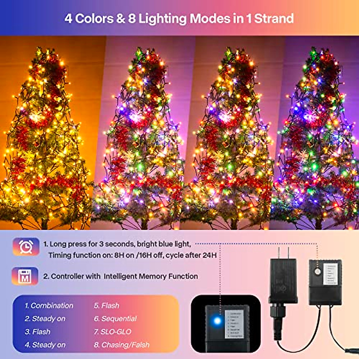 Beauhom Extentable Lightchain 300LED 98ft 8 Modes Green Wire Warm White & Multi-Colored Connectable Plug in UL Transformer Outdoor Use Christmas Tree Light Party Garden Patio Decoration