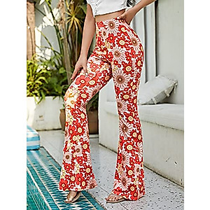 OYOANGLE Women's Floral Print High Waist Yoga Pants Wide Leg Pants Bell Bottom Trousers Multicolor Flower S