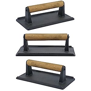 Finderomend Cast Iron Grill Bacon Press,Pre-Seasoned Coating Heavy Duty Steak and Burger Press with Wooden Handle,Steak Press for Griddles,Grills Bacon, Paninis (Dark Black)