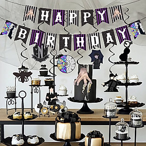 Wednesday Birthday Decorations Wednesday Happy Birthday Banner with Hanging Swirls Black and Purple for Kids Birthday Party Decorations Gothic Birthday Banner for Wednesday Party Supplies
