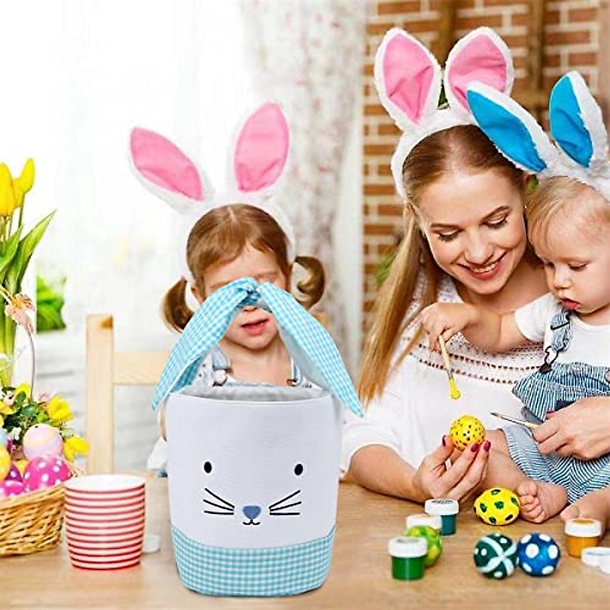 Leziazany Plaid Easter Bunny Basket Bags for Kids Canvas Egg Hunt Basket Bucket Monogrammed Rabbit Egg Gift Bags Polka Dot Portable Easter Tote Bag Party Candy Storage Decoration…