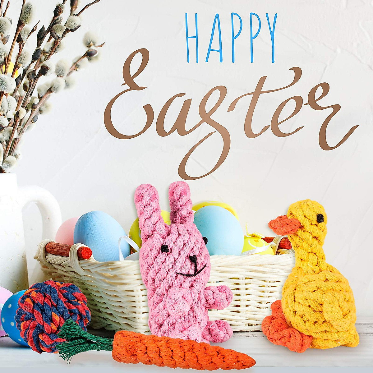 Whaline 4PCS Easter Dog Toy Kit Puppy Chew Toy Carrot Ball Rabbit Yellow Duck Cotton Rope Toy for Easter Pet Gifts Small Medium Large Dog Pets Playtime Teeth Cleaning