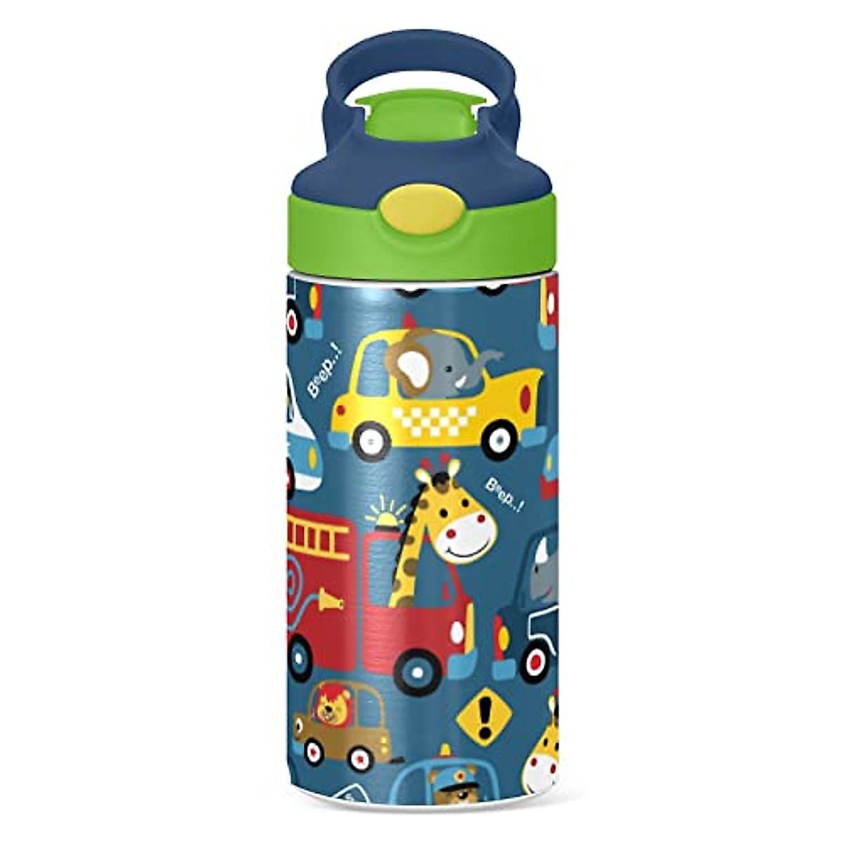 Kigai Funny Cartoon Car Kids Insulated Water Bottle with Straw - Stainless Steel Travel Tumbler Double Wall Vacuum Leak Proof Kids Cup Hot for School Boys Girls